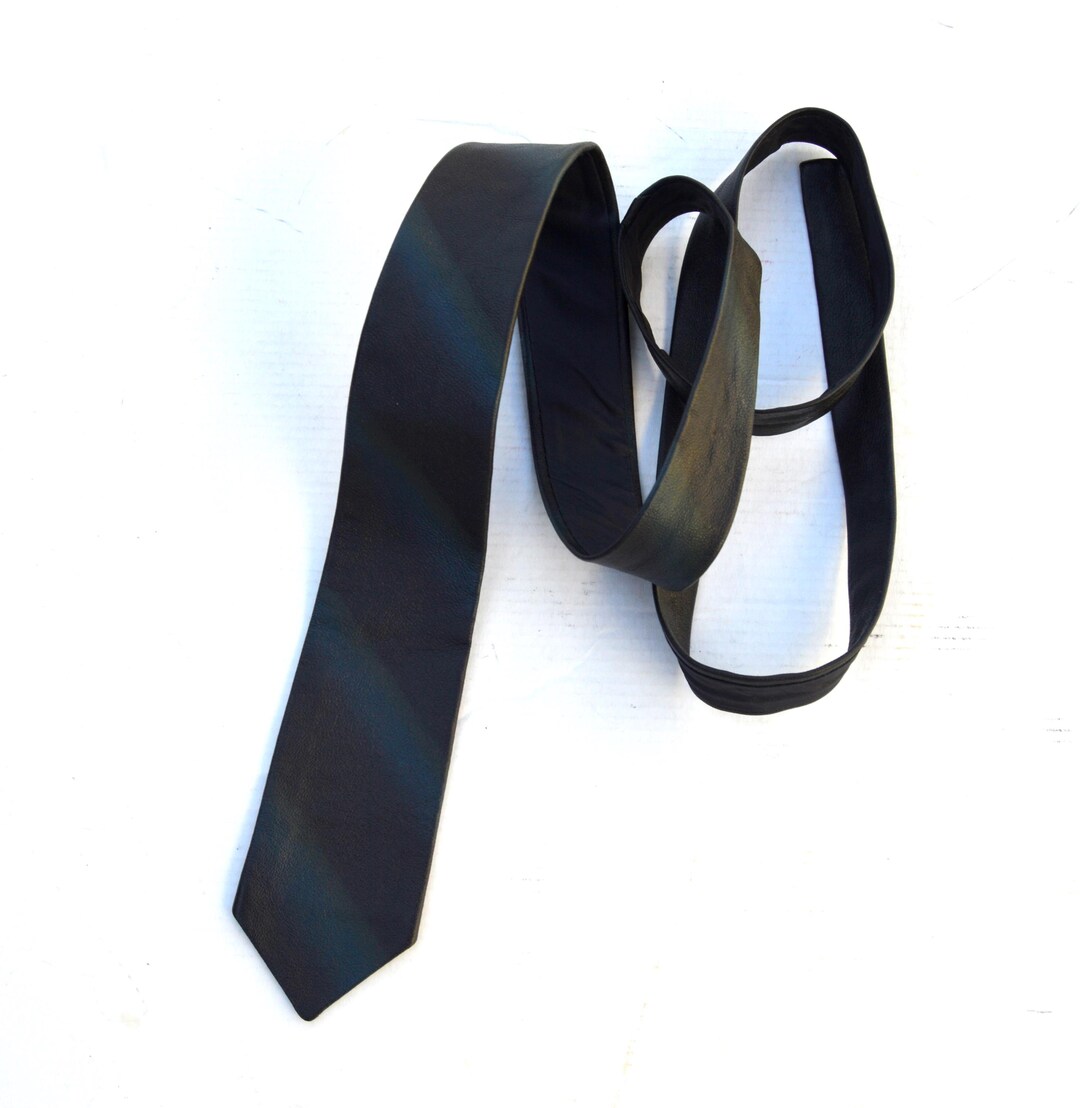 Vintage Leather Neck Tie 80's Skinny Real Leather Dark Gray With ...