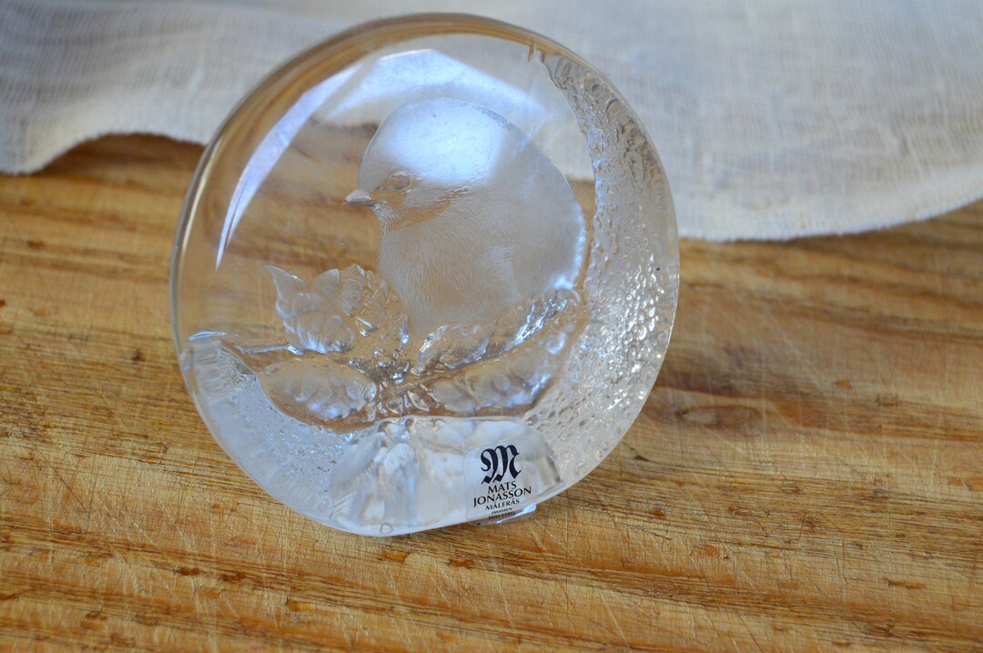Vintage Glass Paperweight MATS JONASSON Blue Tit Bird Paperweight Lead ...