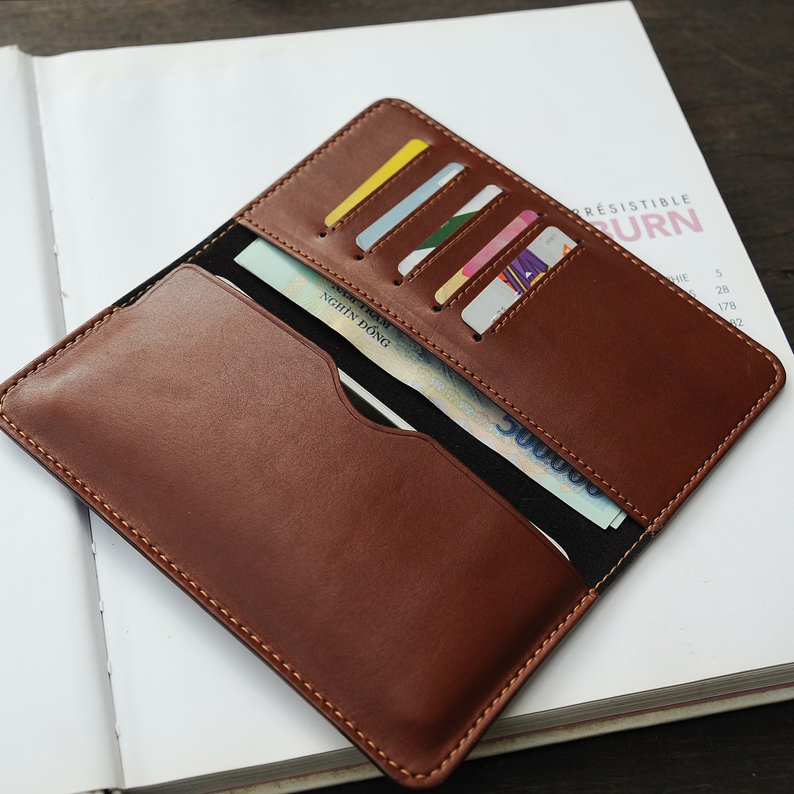 Leather Checkbook Wallet Bifold Dark Brown Leather Long - Etsy