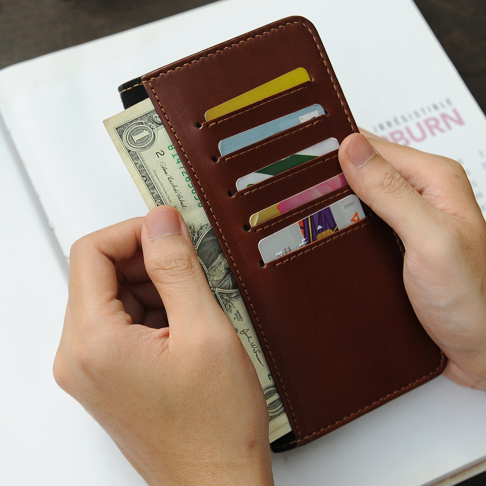 Leather Checkbook Wallet, Bifold Dark Brown Leather Long Wallet ...