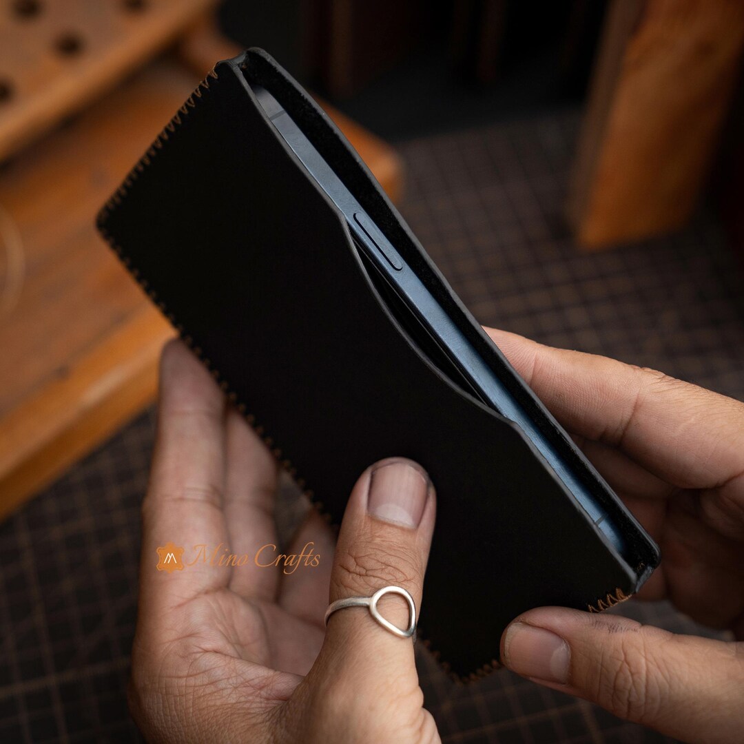 Black Leather Phone Pouch for SS Galaxy S25 S24 S23 Z Fold 6 Handmade ...