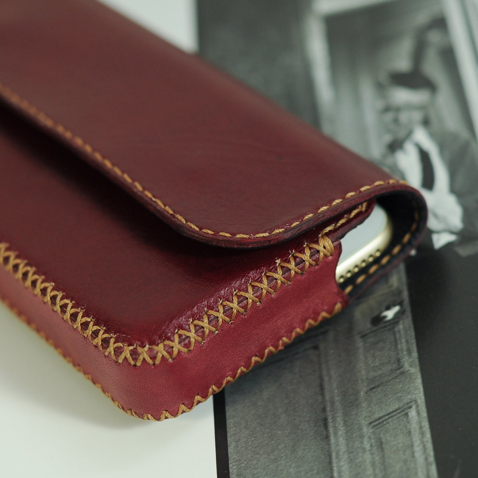 Dual Phone Case, Handmade Burgundy Leather Two SS Cover, Leather Double ...