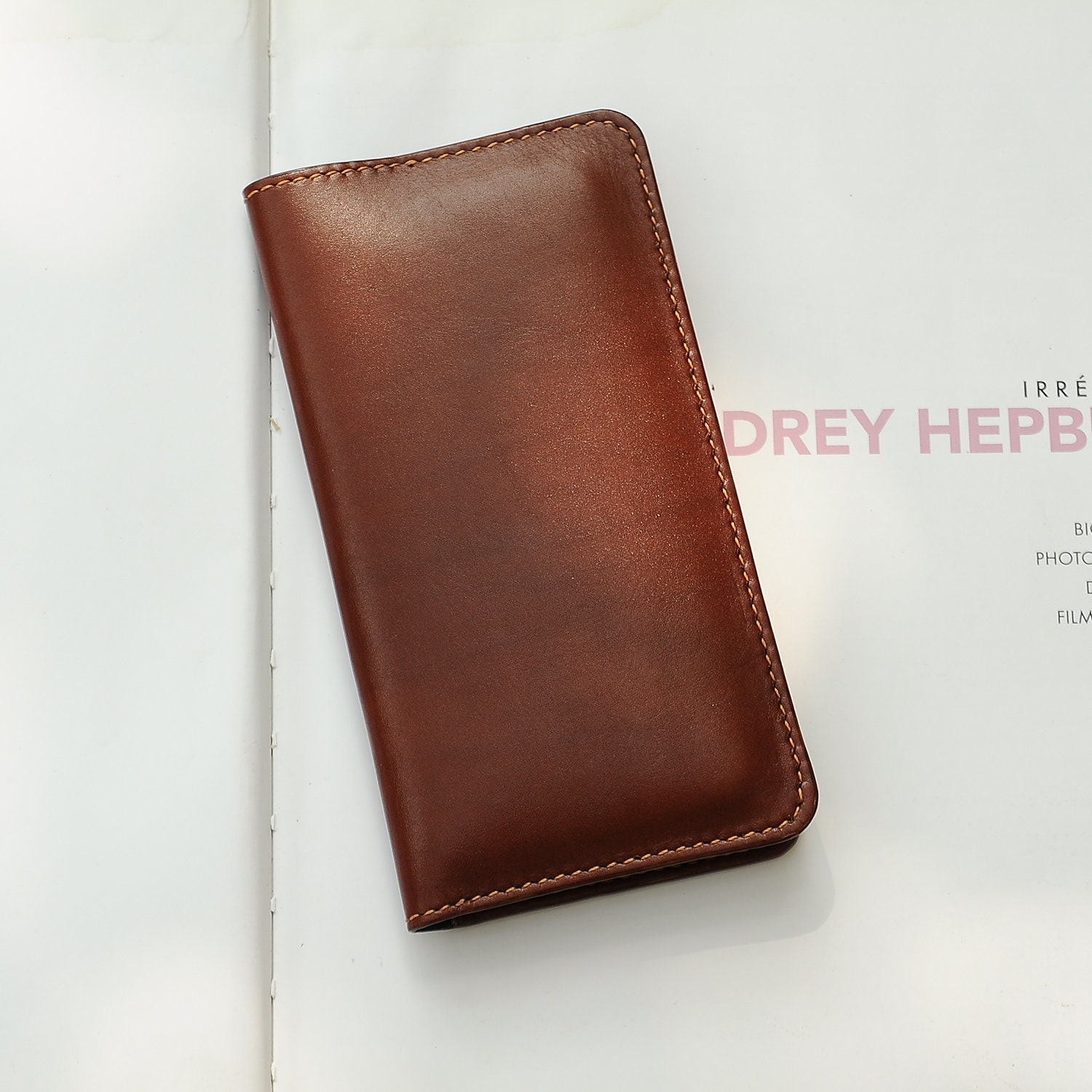 Leather Checkbook Wallet Bifold Dark Brown Leather Long - Etsy