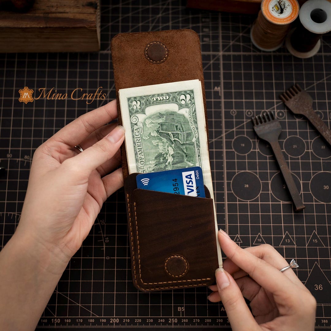 Thin Leather Wallet, Hand Sewing Simple Wallet, Burgundy Leather ...