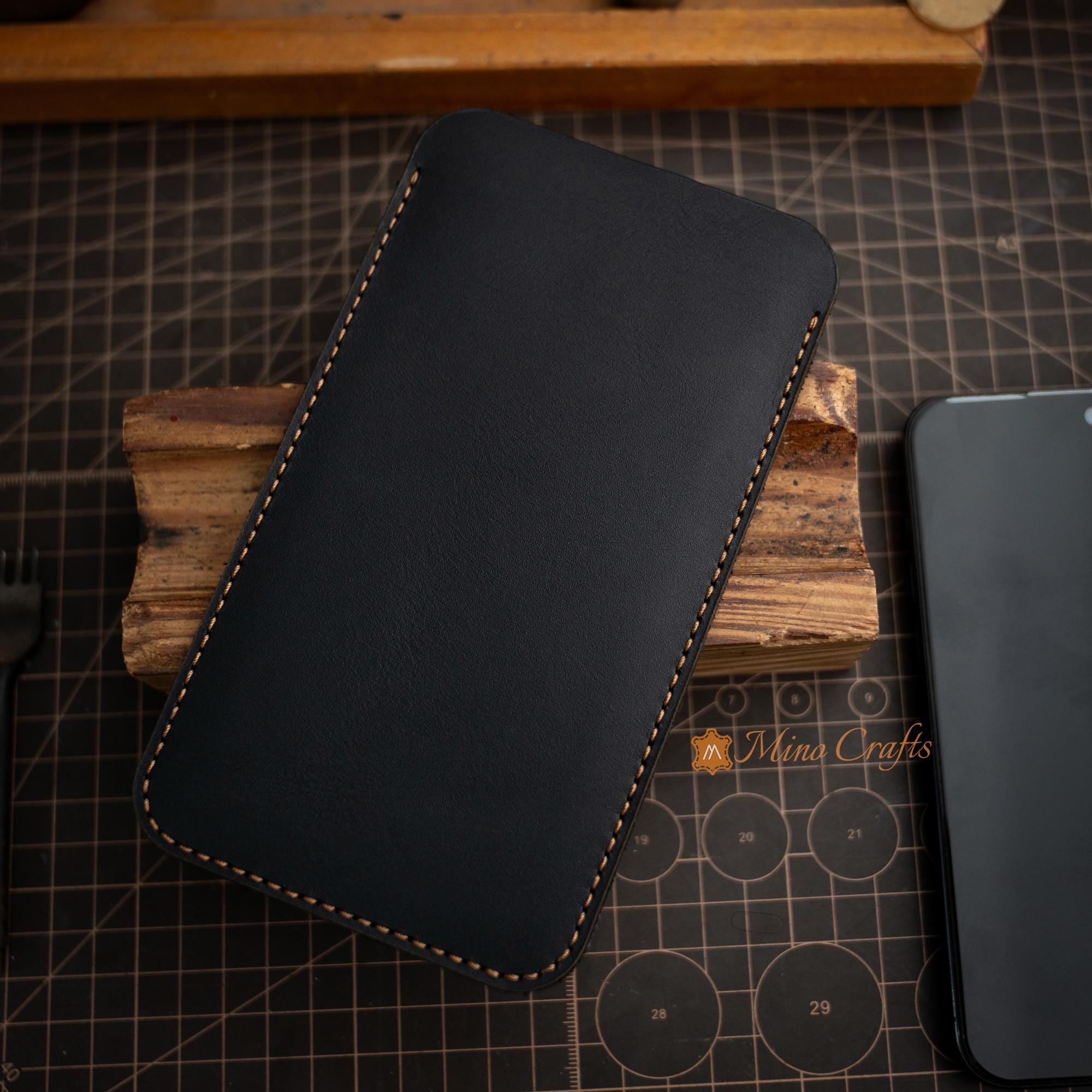 Black Leather Phone Pouch for Phone 17 16 15 14 Handmade Custom Fit ...