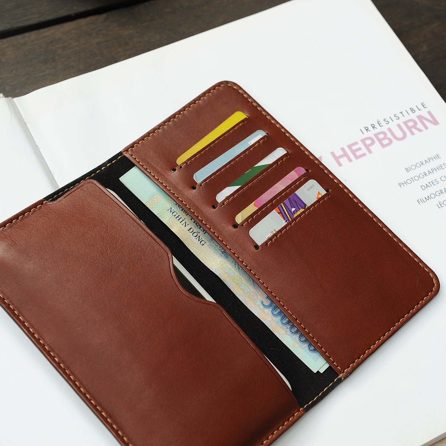 Leather Checkbook Wallet Bifold Dark Brown Leather Long - Etsy