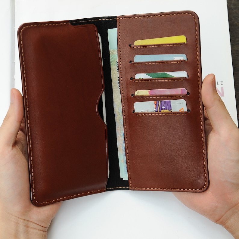 Leather Checkbook Wallet Bifold Dark Brown Leather Long - Etsy