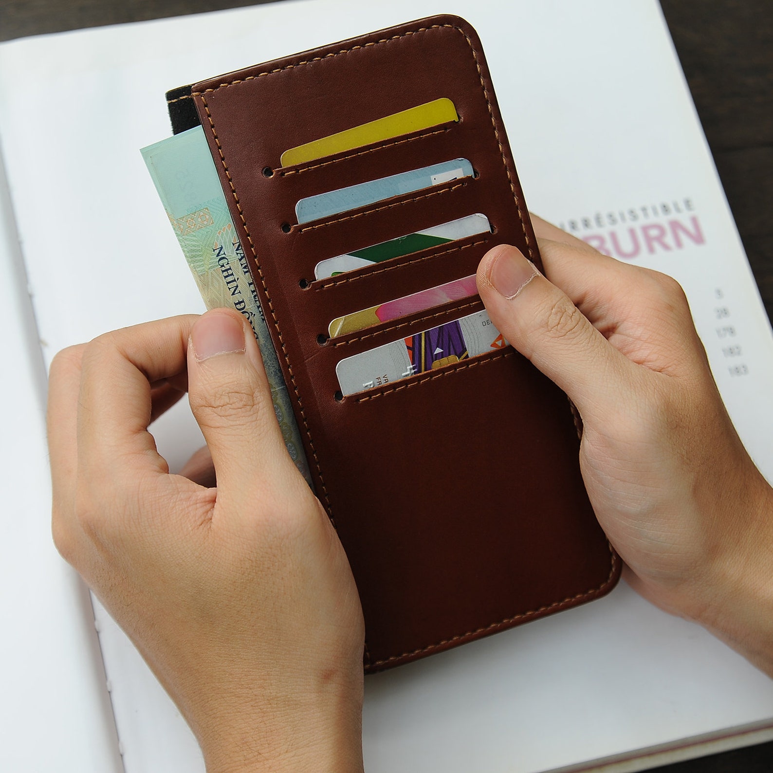 Leather Checkbook Wallet Bifold Dark Brown Leather Long - Etsy