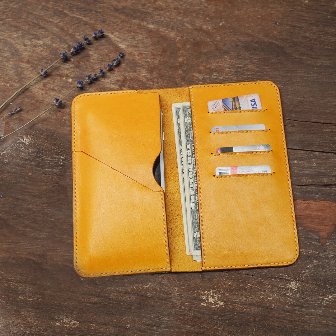 Yellow Long Wallet, Long Veg Tan Leather Wallet , Wallet With Mobile ...