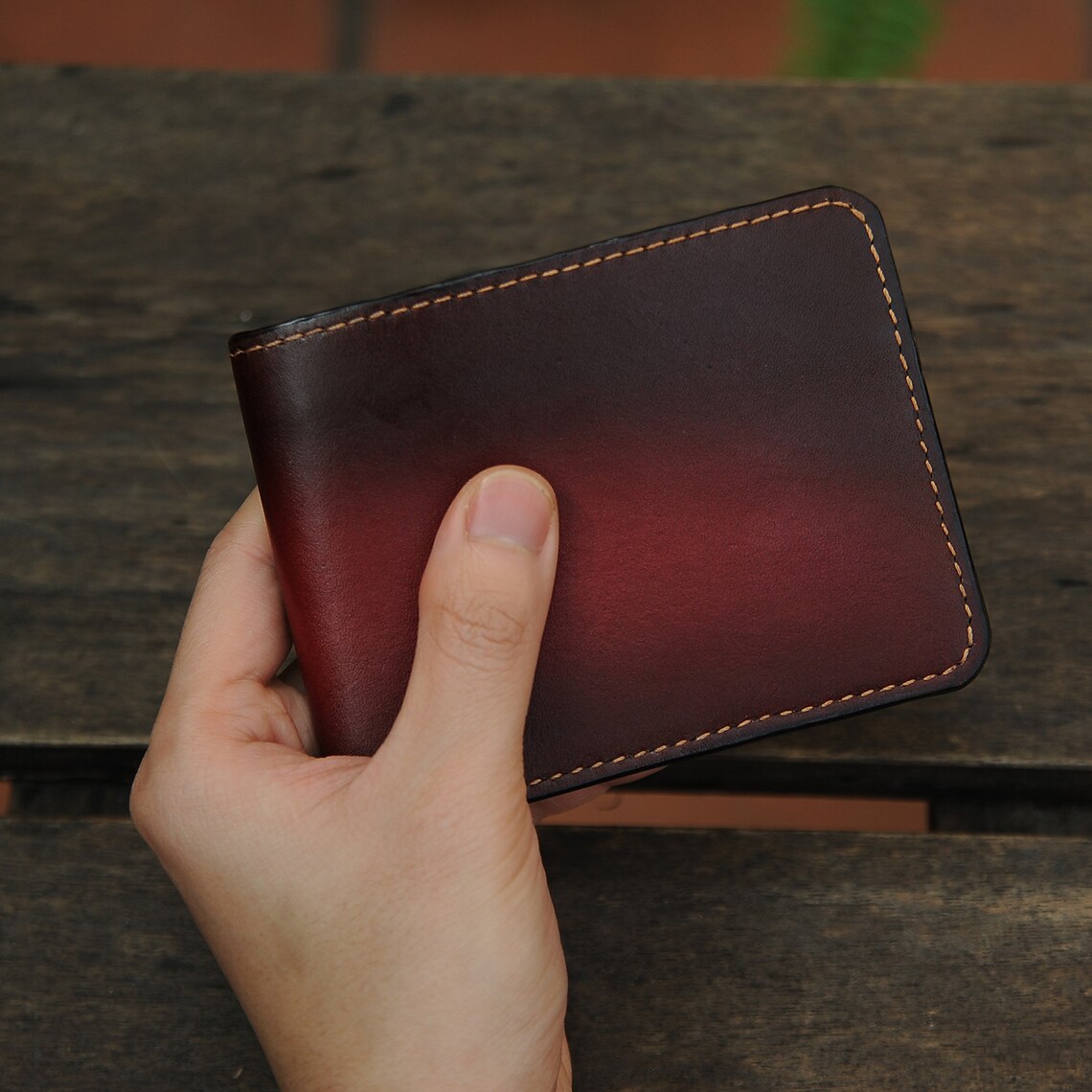 Burgundy Bifold Classic Wallet Hand Sewing Leather Wallet for | Etsy