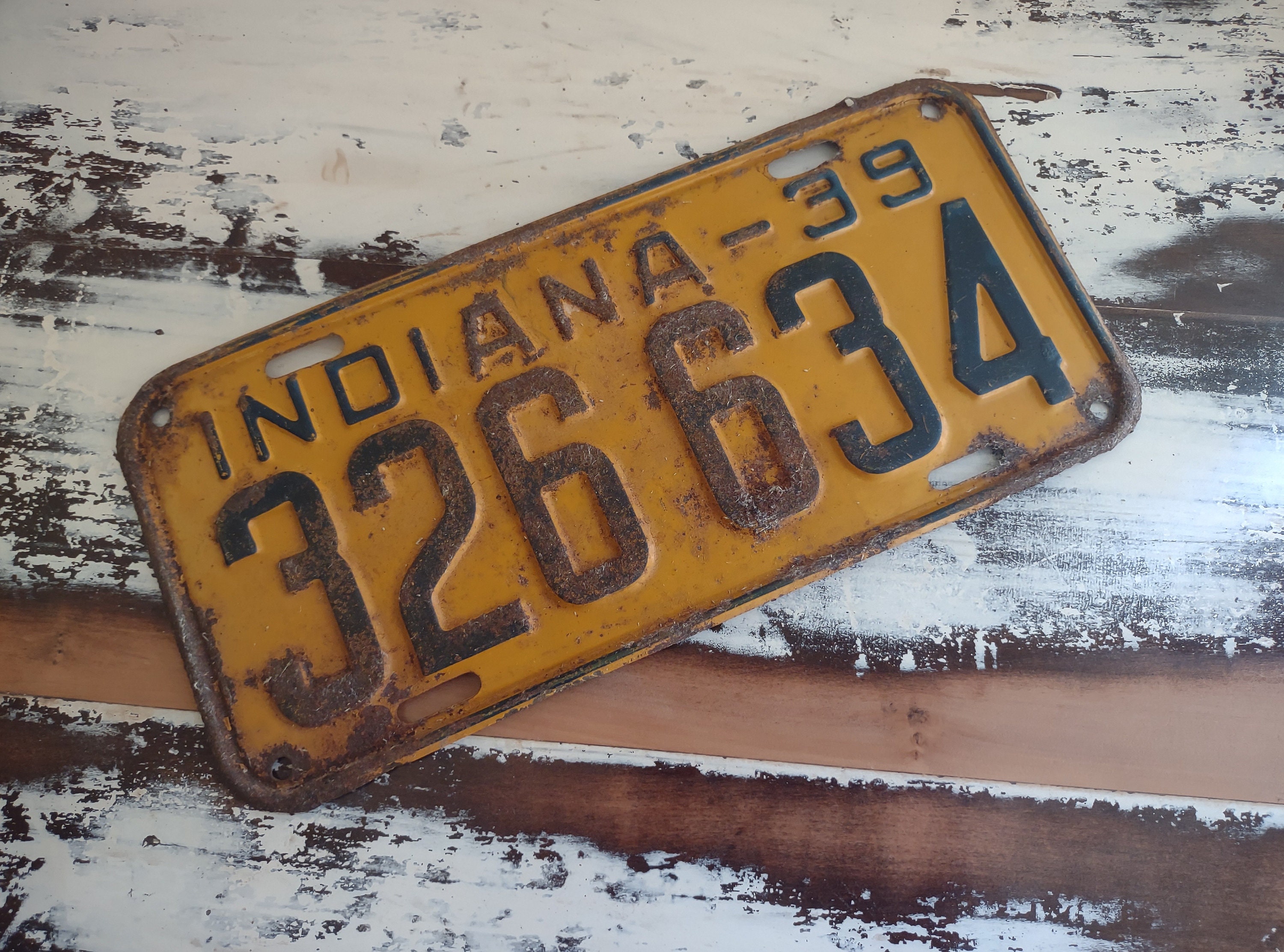 Vintage Indiana 1939 License Plate 326 634 Yellow Blue Rat Rod Man Cave ...