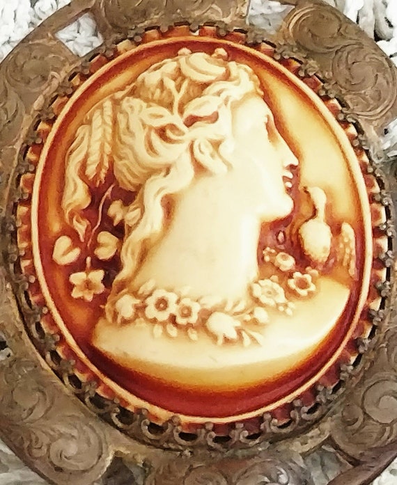 Antique Celluloid Cameo Engraved Brass Frame High Rel… - Gem