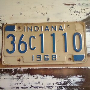 Vintage Indiana 1968 License Plate 36C1110 White Blue Rat Rod Hot Rod ...