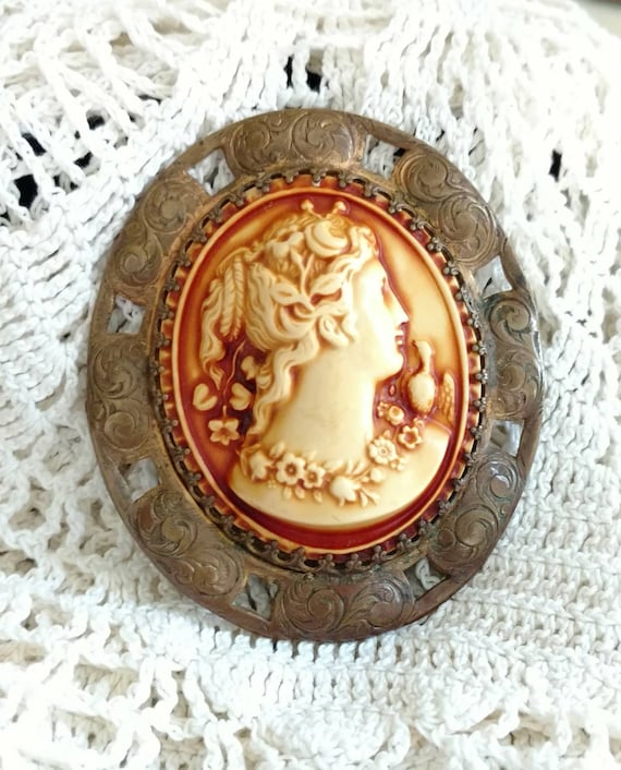 Antique Celluloid Cameo Engraved Brass Frame High Rel… - Gem