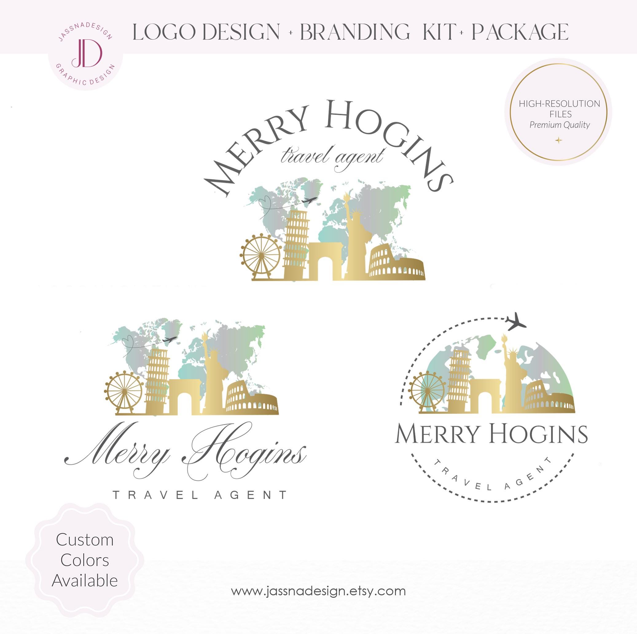 Rose Gold World Map Logo: Travel Agency Branding Kit (AI/PNG/JPEG) 255 ...