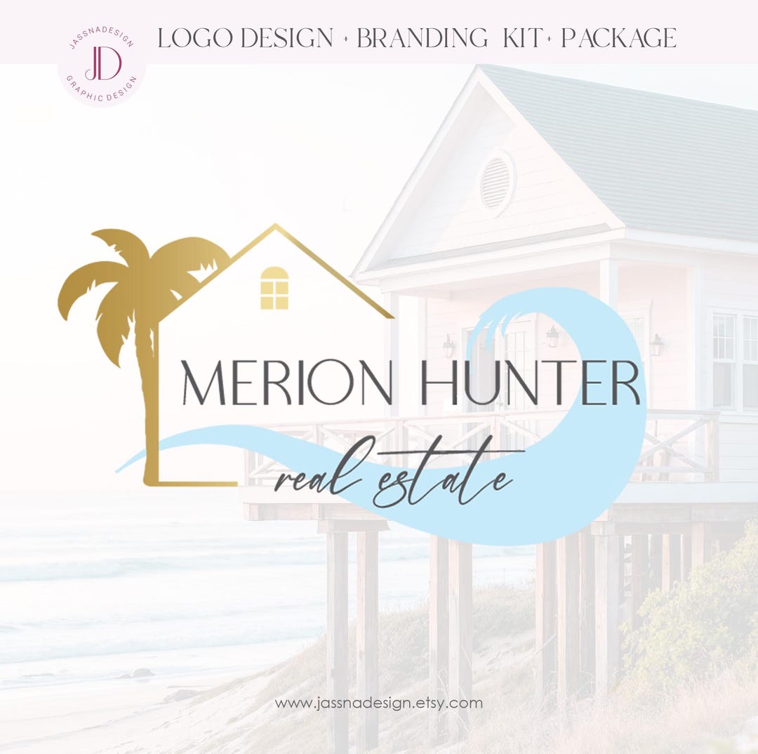 Beach House Wave Realtor Logo, Gold Blue Real Estate Branding, Palm ...