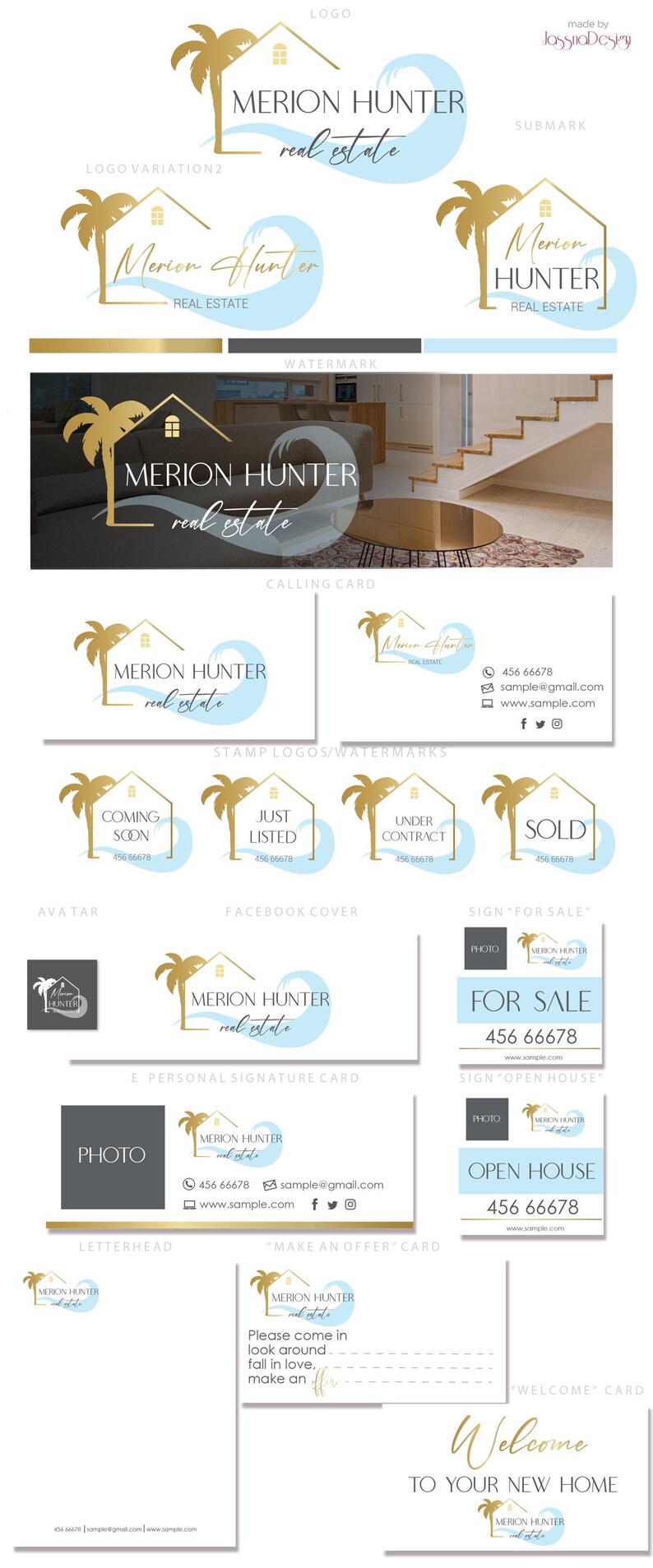 Beach House Wave Realtor Logo, Gold Blue Real Estate Branding, Palm ...
