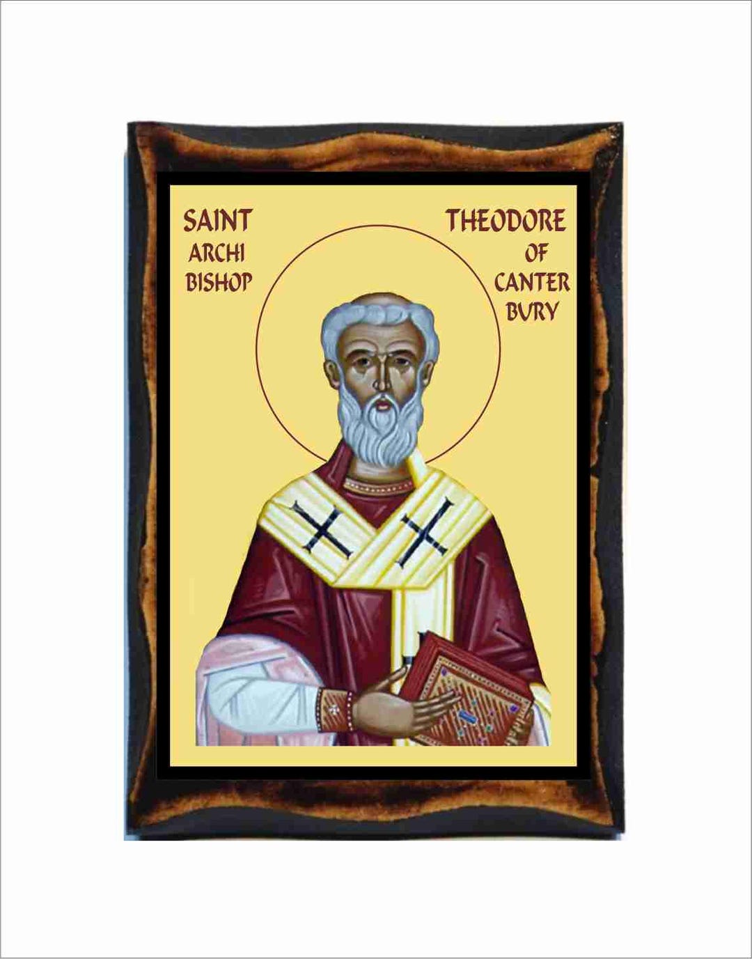Theodore of Canterbury Icon - Catholic Holy Card on Handmade Wood ...