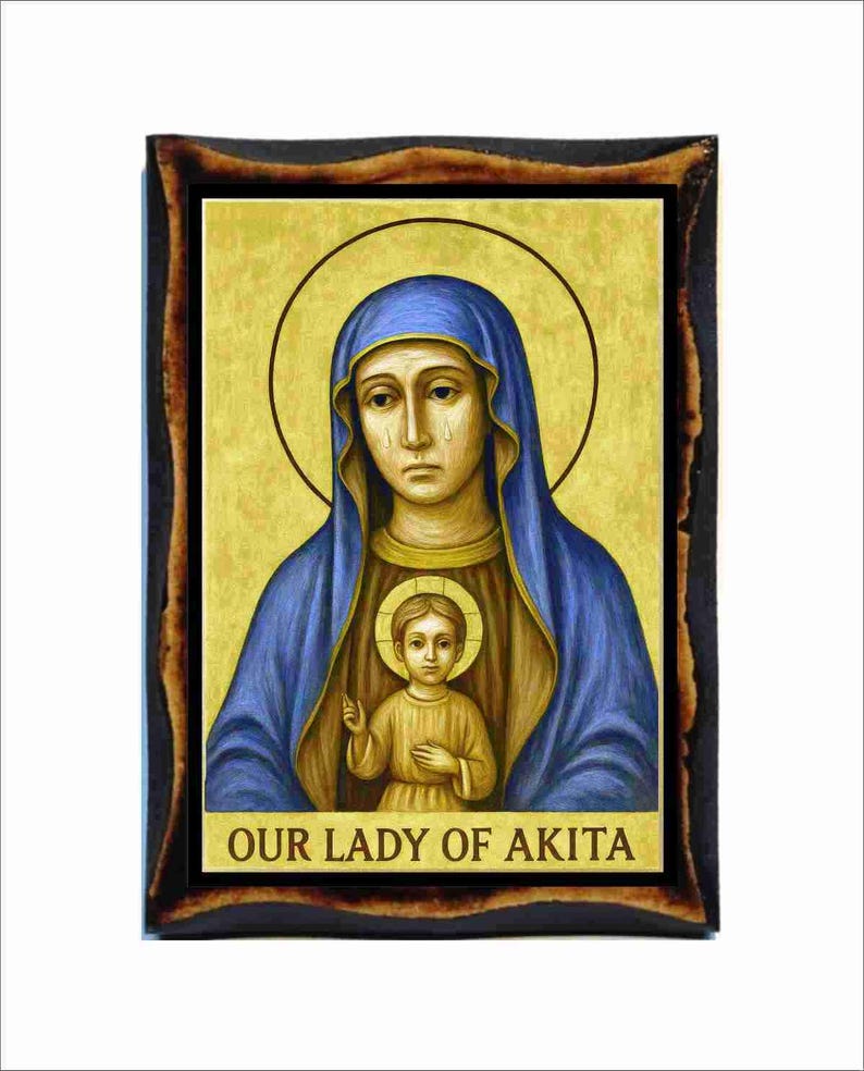 Our Lady of Akita Icon - Byzantine Art - Catholic Holy Card on Handmade ...