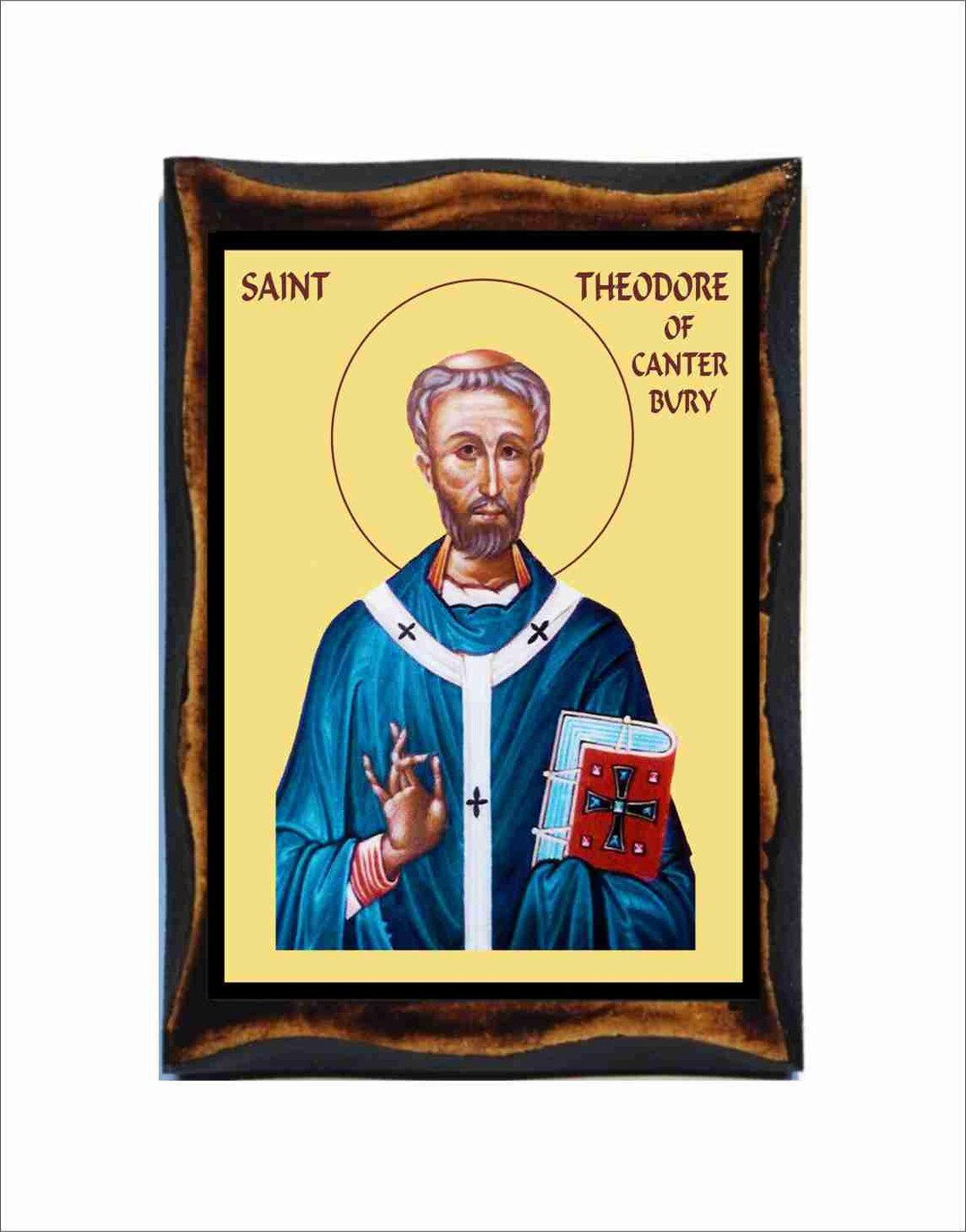 Saint Theodore of Canterbury Icon - Catholic Holy Card on Handmade Wood ...