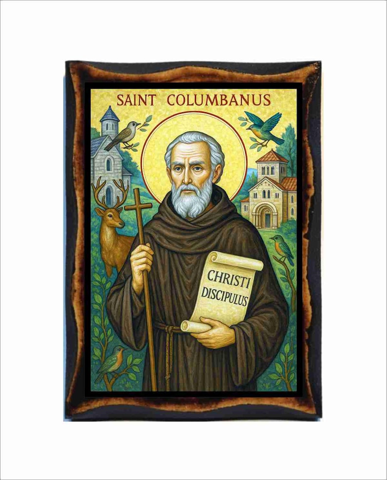 Saint Columbanus Icon - Byzantine Art - Catholic Holy Card on Handmade ...