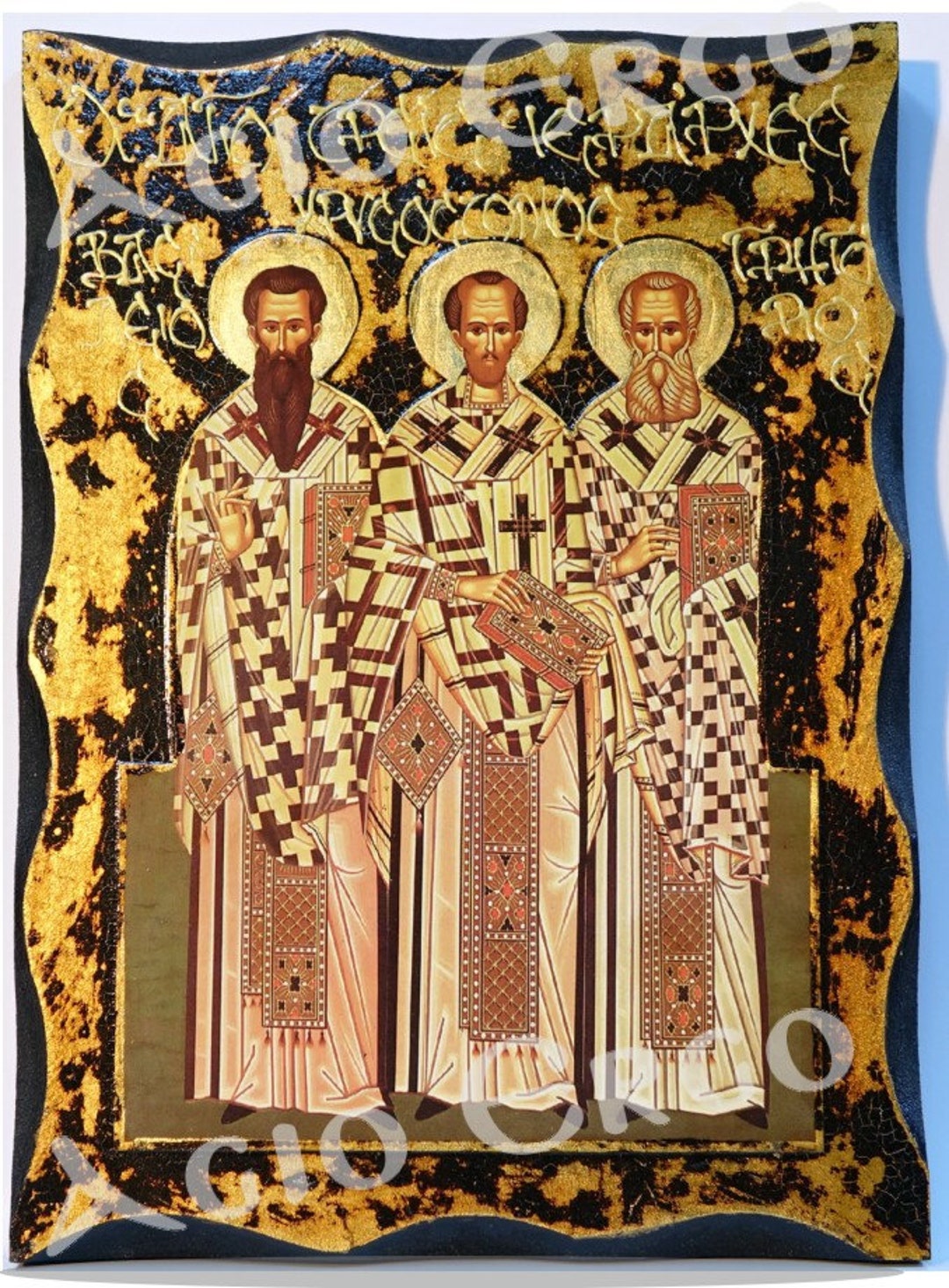 Three Holy Hierarchs Handmade Wood Icon on Plaque With Physical Aging ...
