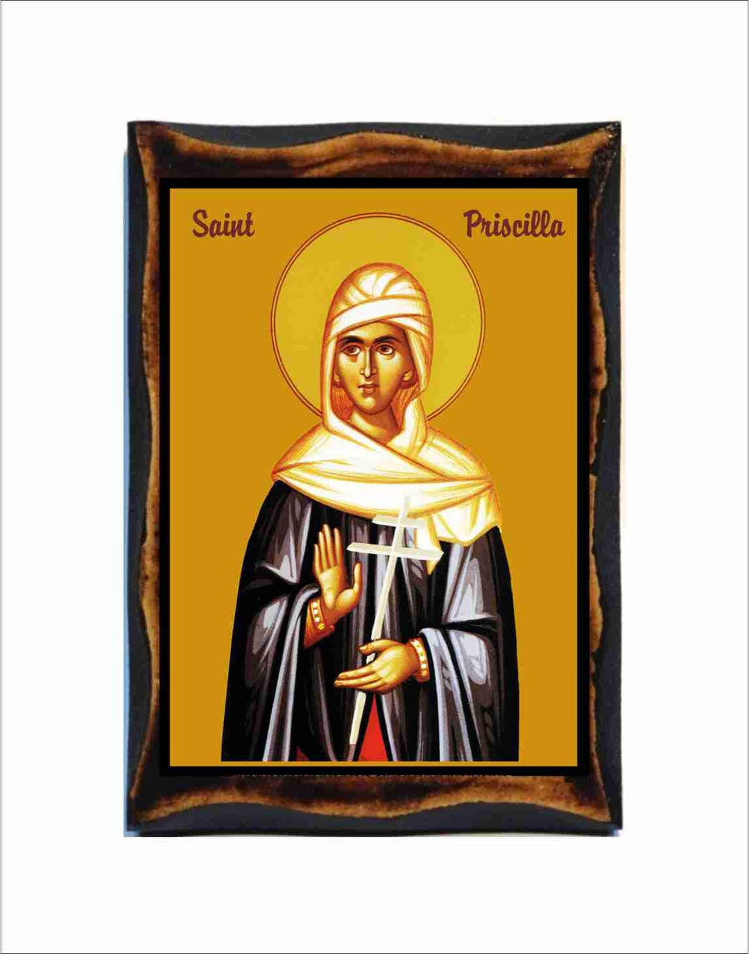 Saint Priscilla - Byzantine Icon - Catholic Holy Card on Handmade Wood ...