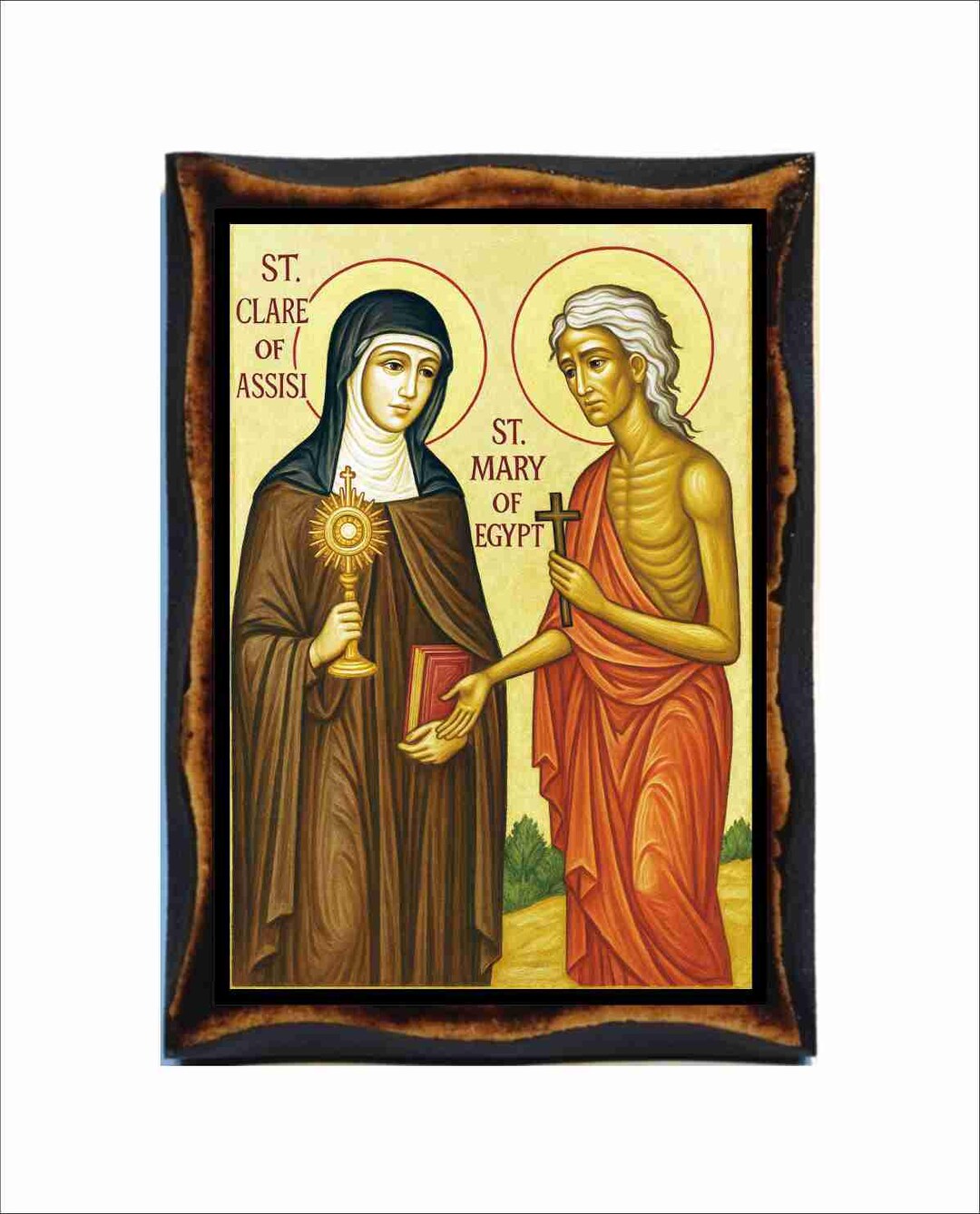 Clare of Assisi and Mary of Egypt Icon - Holy Card on Handmade Wood ...