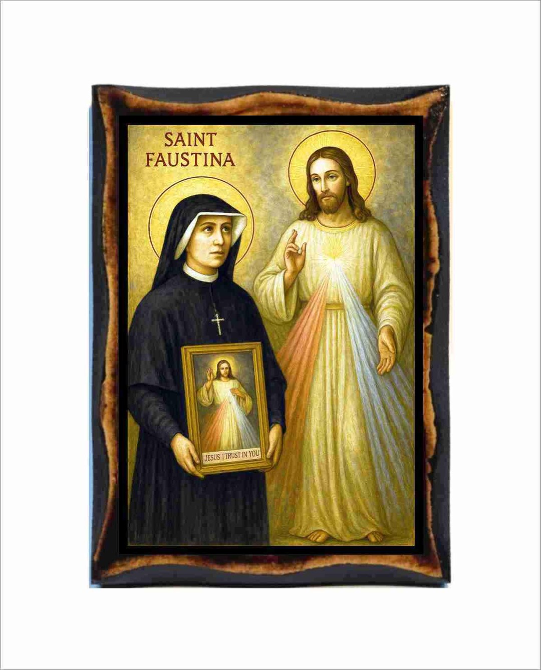 Saint Faustina Kowalska Icon - Catholic Holy Card on Handmade Wood ...