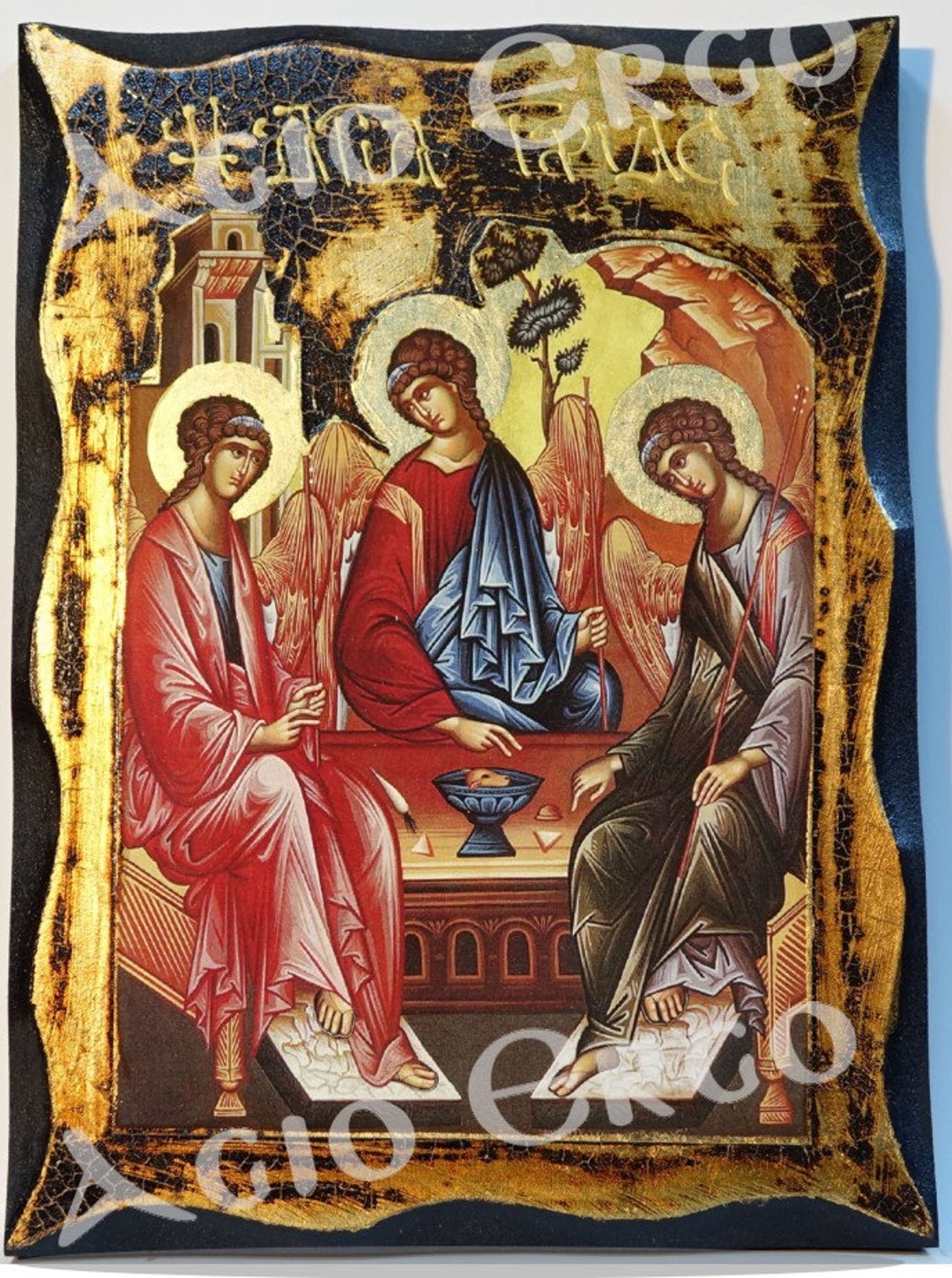 The Holy Trinity Handmade Wood Icon on Plaque With Physical Aging and ...