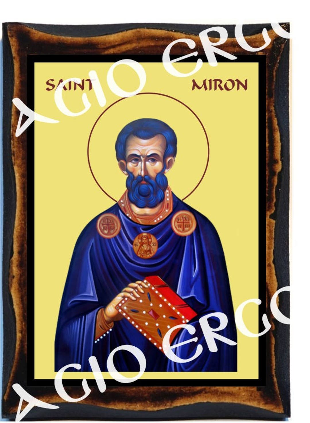 Saint Myron Wood Icon: Byzantine Art - Catholic Holy Card on Handmade ...