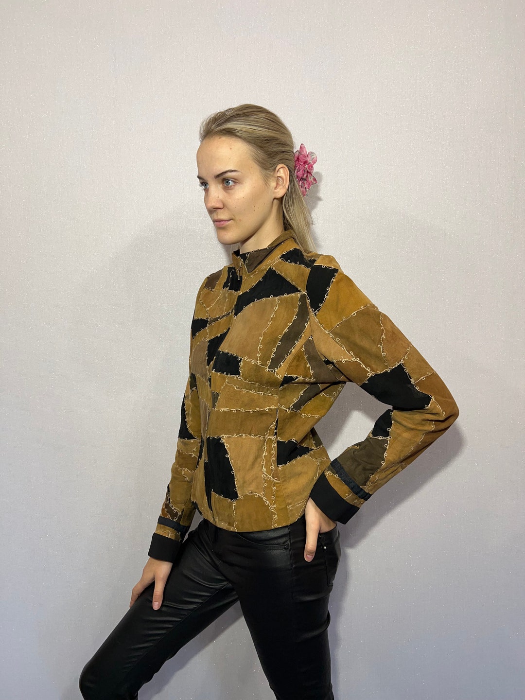 Vintage Patchwork Suede Leather Jacket Classic Leather Short Blazer ...