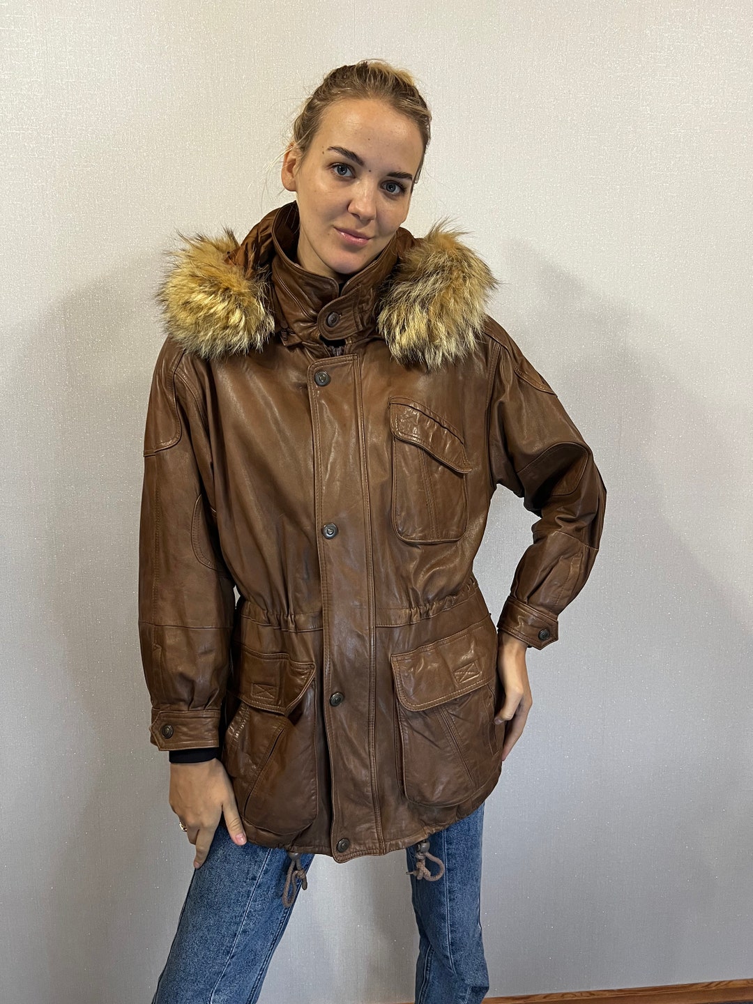 Vintage Women's Leather Parka Coat Brown Leather Coat With Fur Hooded ...