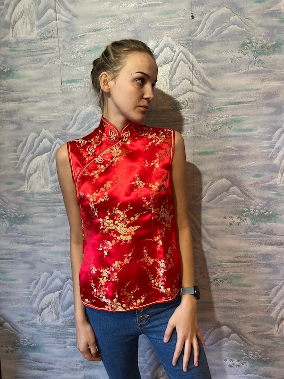 Red Cheongsam Blouse Vintage Chinese Red Satin Sleeveless Top - Etsy