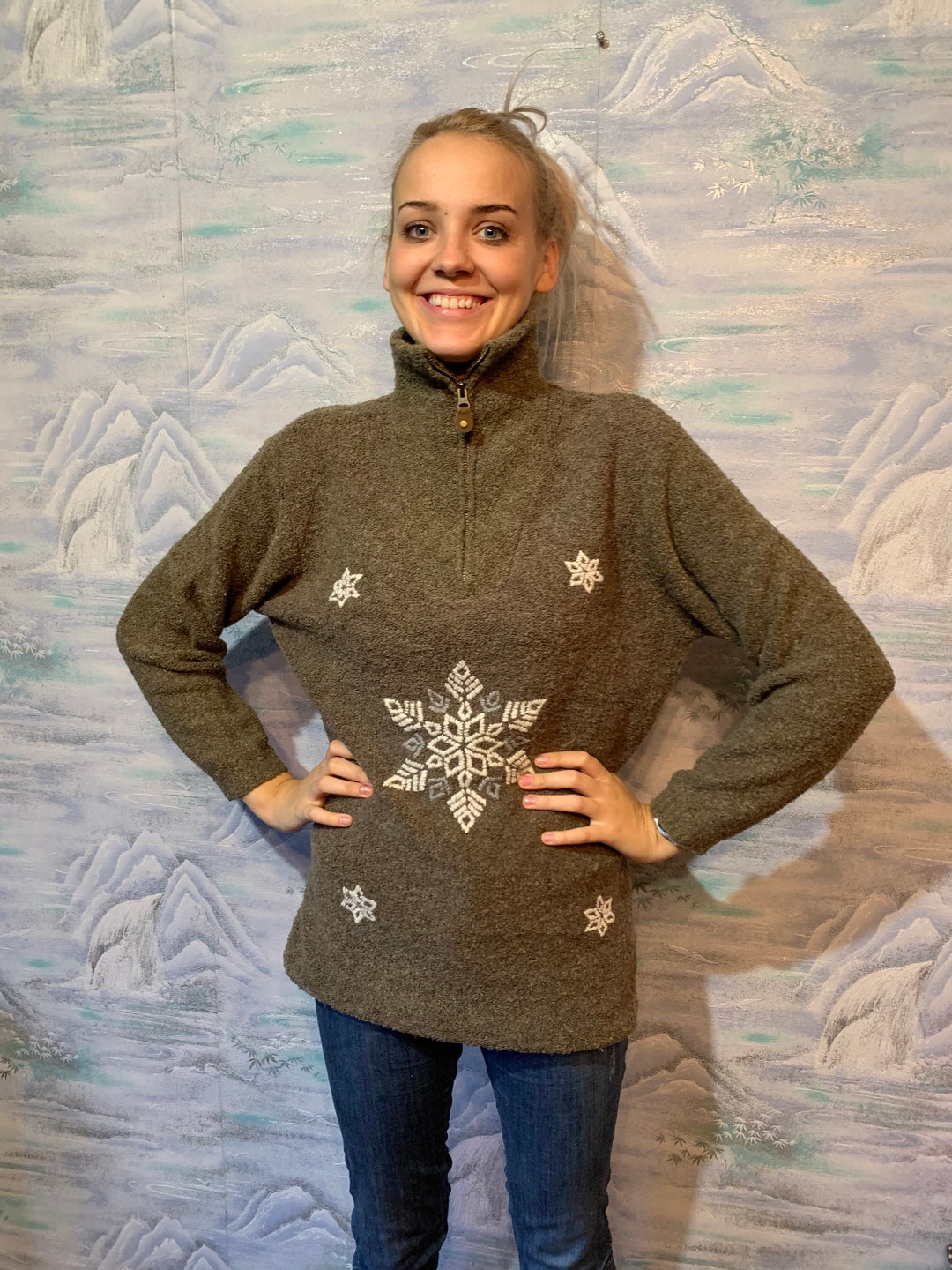 Vintage Austrian Unisex Sweater Khaki Wool Acrylic Jumper Dirndl Folk ...