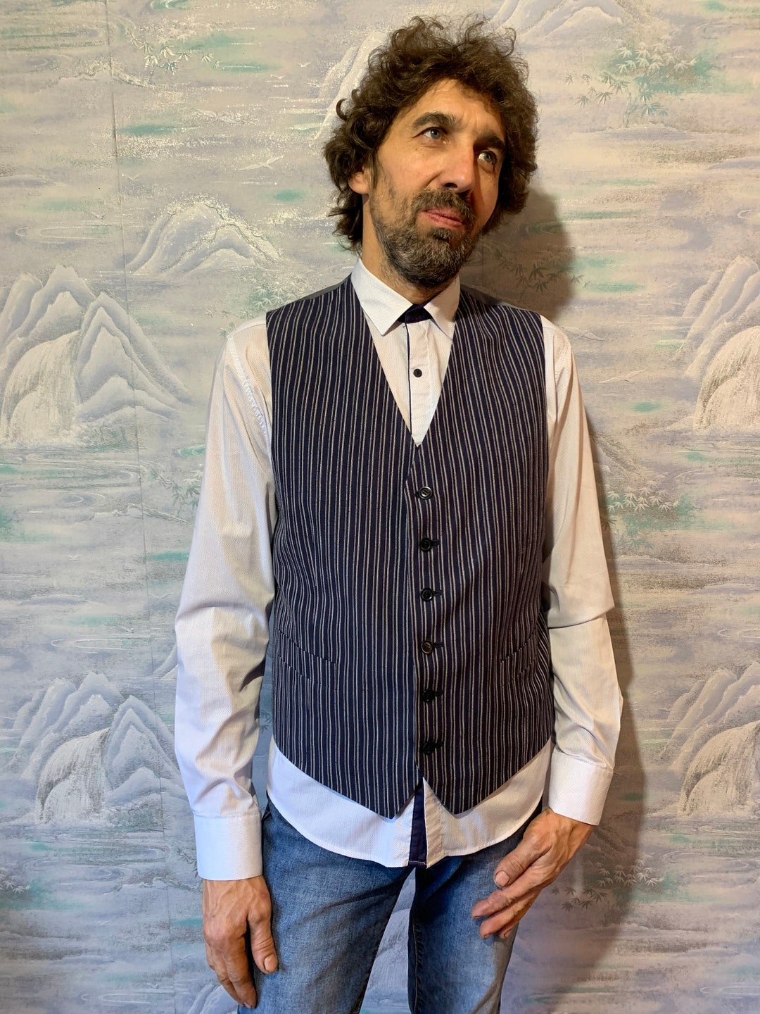Striped Mens Vest Blue White Waistcoat Striped Vest Fitted Vest Sleeve ...