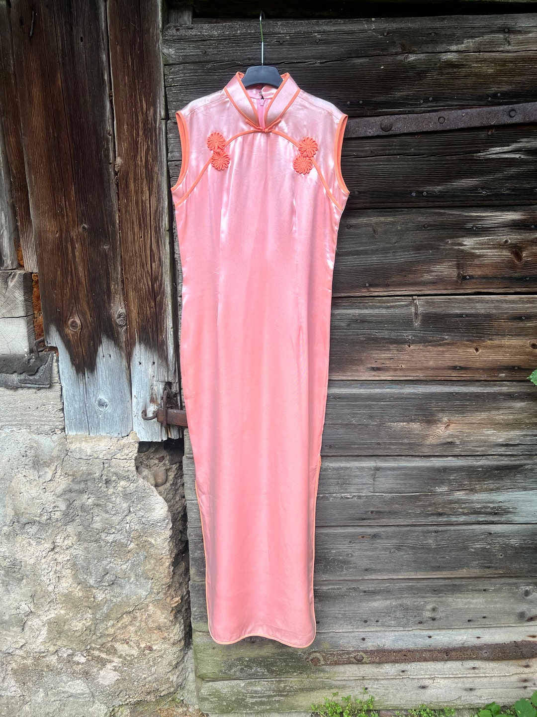 Peach Color Chinese Long Shirt Dress Sleeveless Women Dress Floral ...