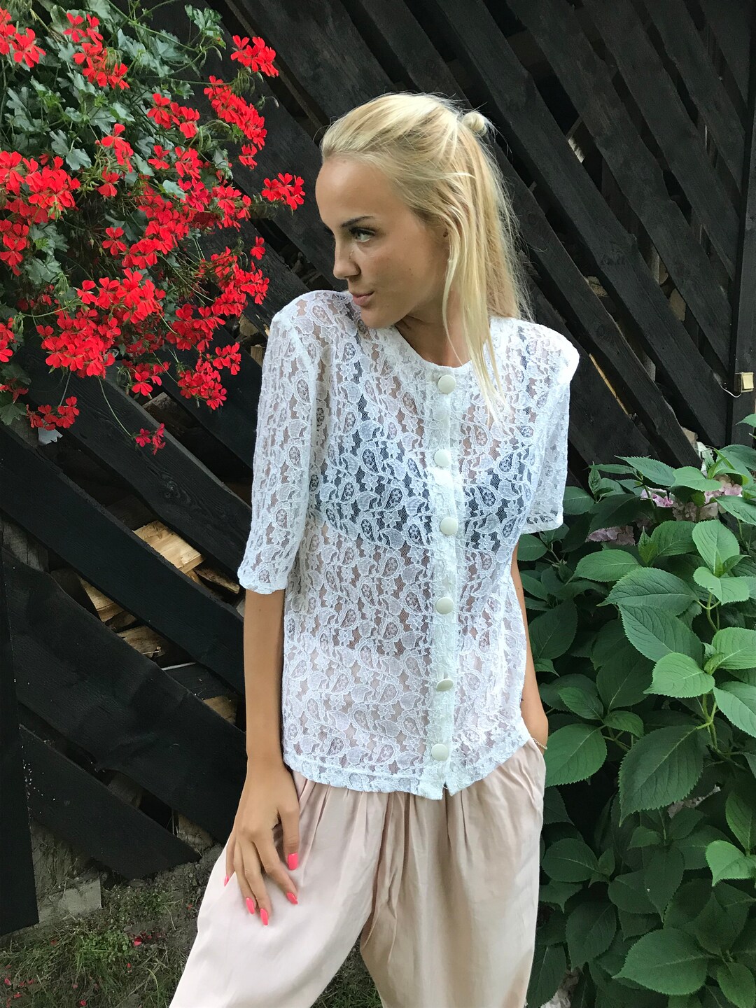 Vintage Light Blue Lace Blouse Sheer Boho Blouse Elegant Summer Blouse ...