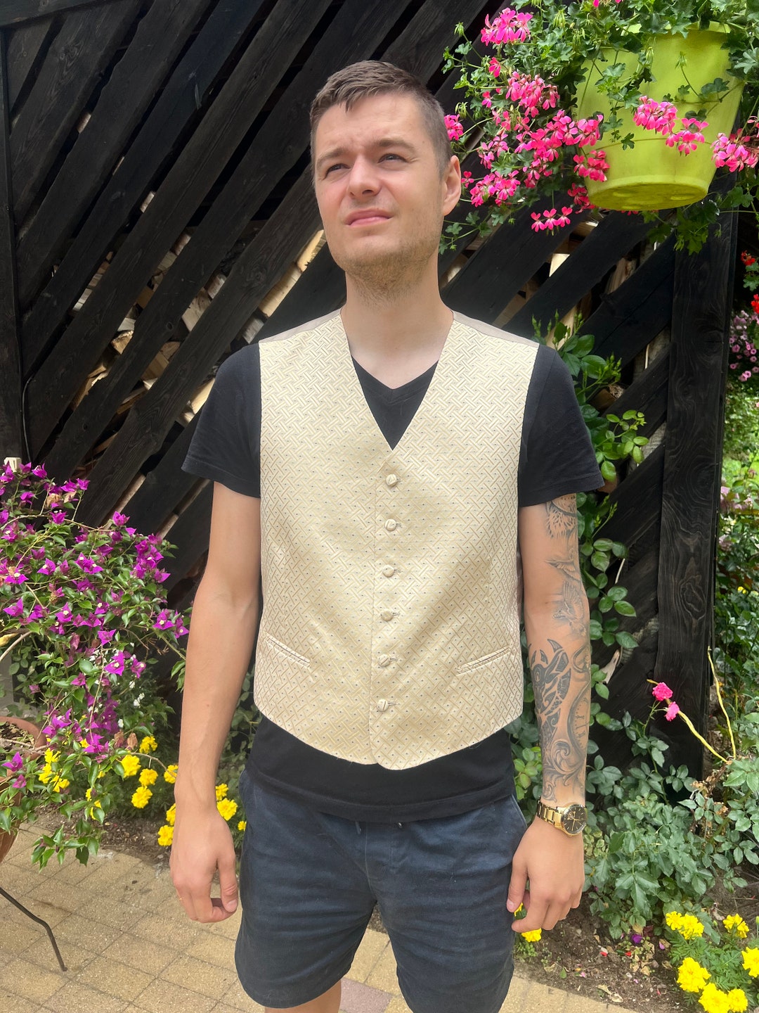 Vintage Men Vest Gold Plaid Waistcoat Fitted Formal Renaissance Baroque ...