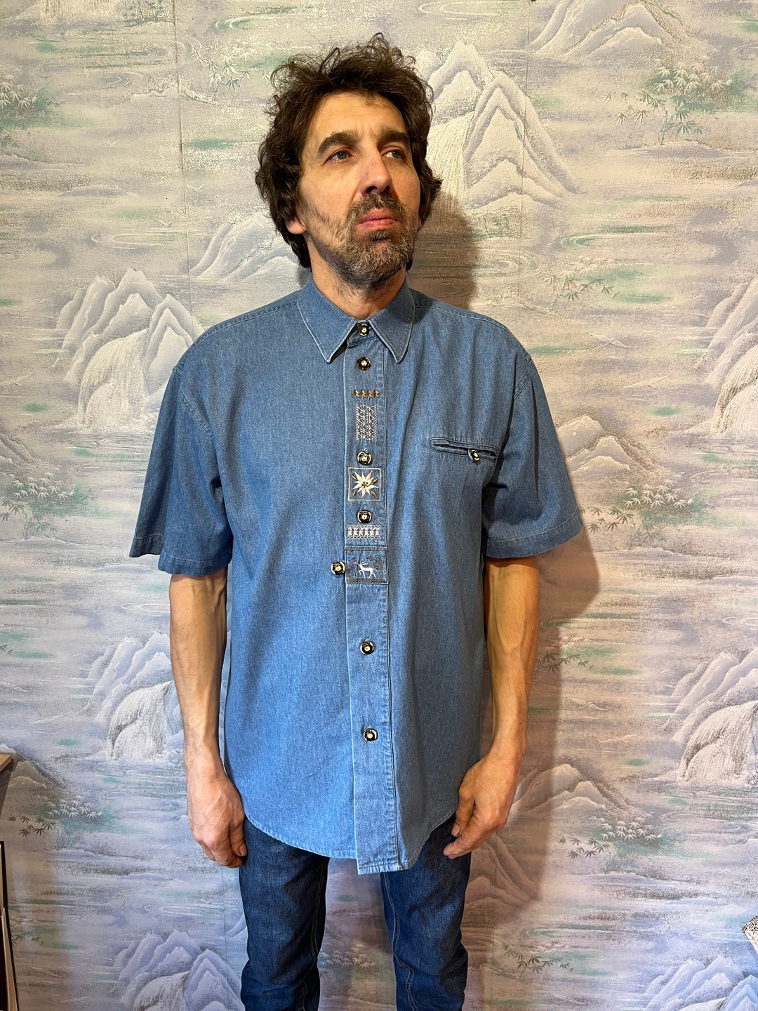 Vintage Blue Jeans Germany Short Sleeve Folk Men's Shirt Denim Trachten ...