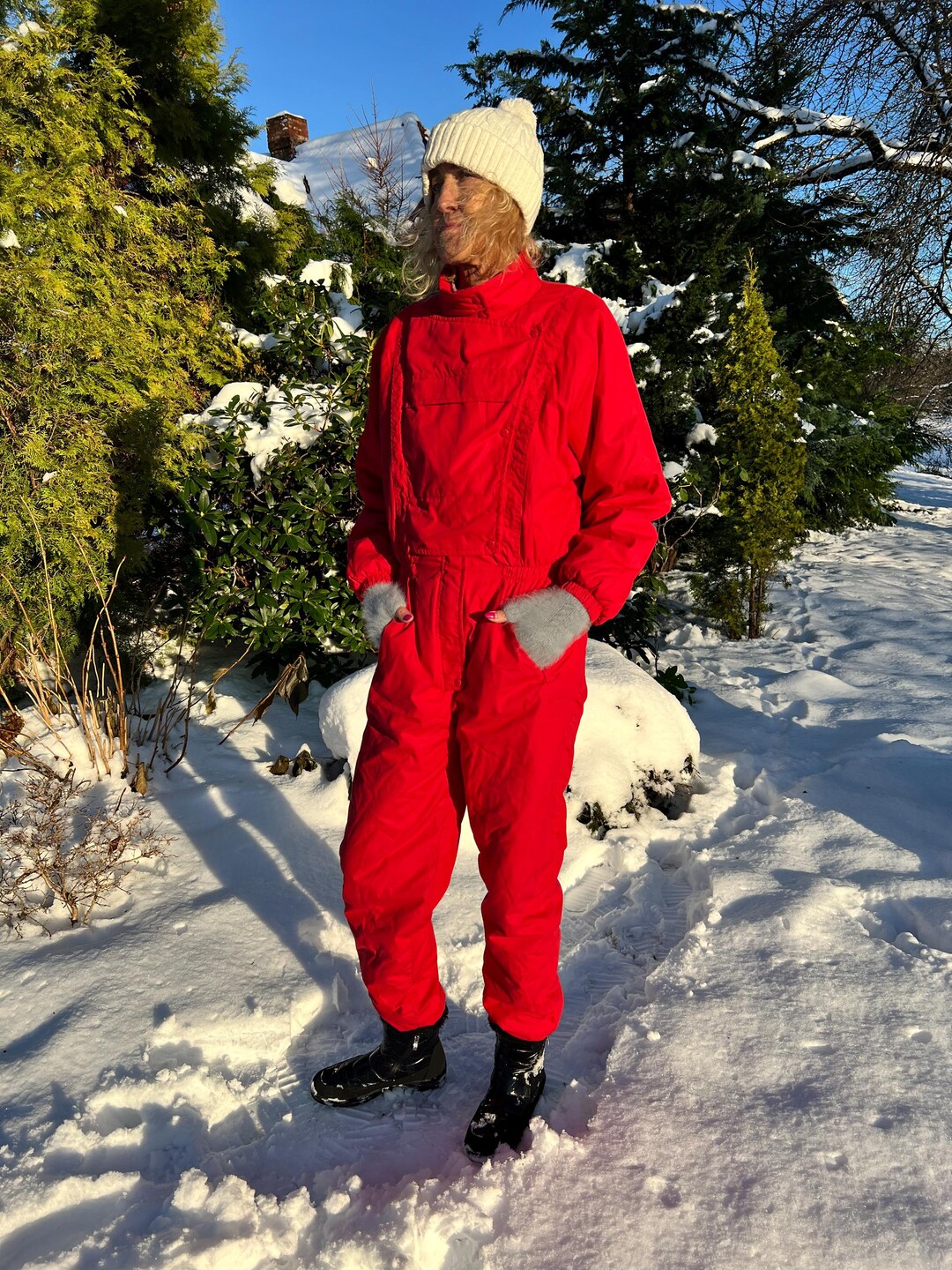 Vintage Womens Ski Suit Red One Piece Jumpsuit Retro Snowsuit Hipster ...