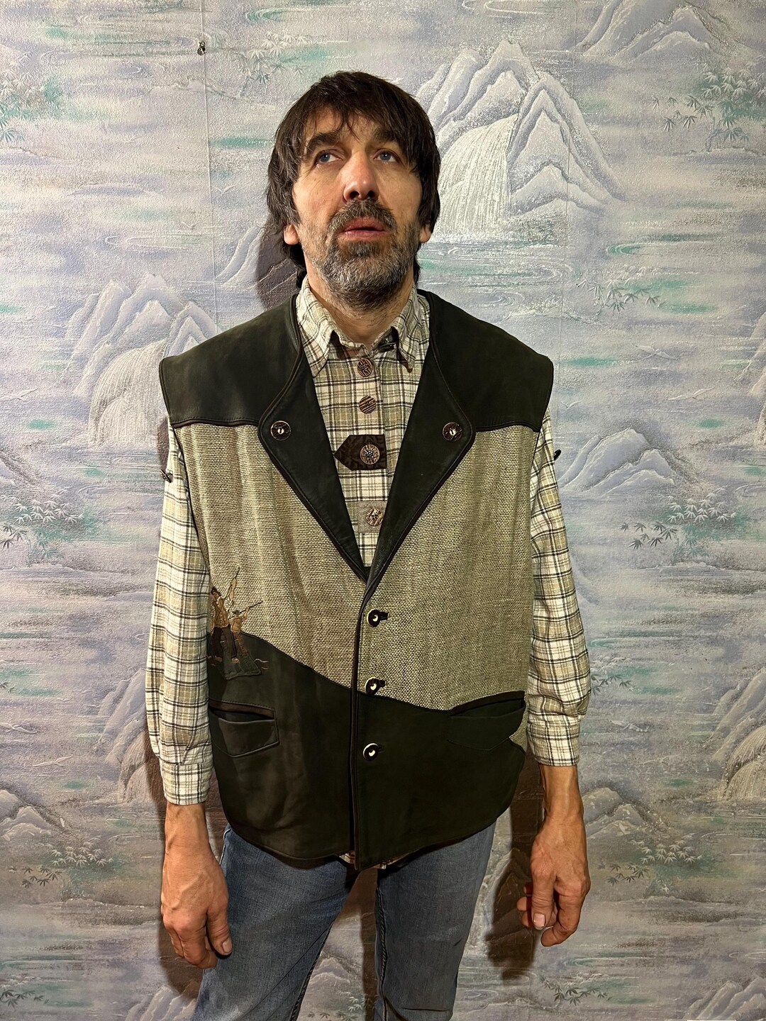 Vintage Austrian Suede Leather Vest Mens Loden Traditional Vest Folk ...