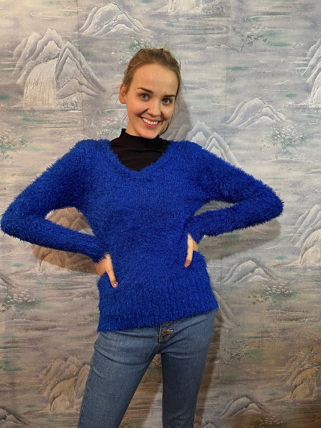 90s Blue Fuzzy Sweater Fringe Fuzzy Knitted Jumper Medium Size Hipster ...
