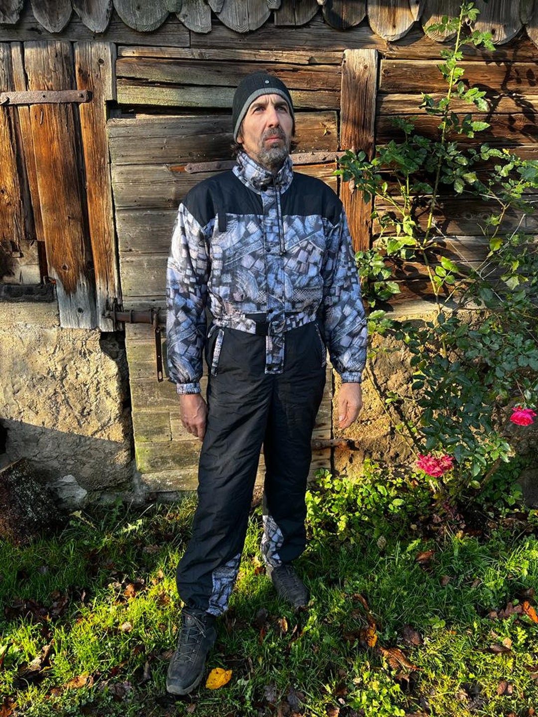 Ski Suit Black Mens One Piece Winter Jumpsuit Retro Snowsuit Hipster ...