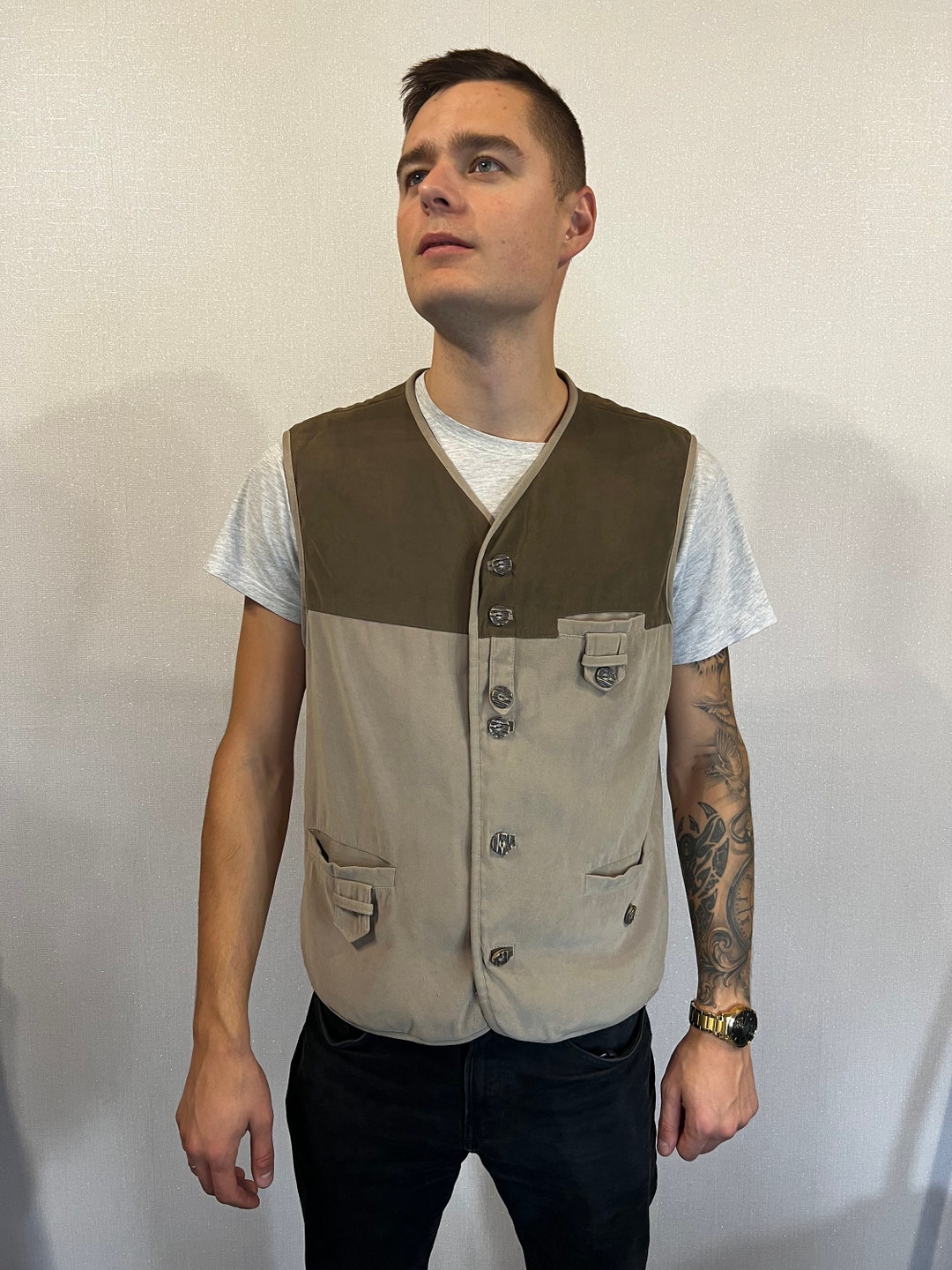 Vintage Austrian Mens Beige Dirndl Vest Mens Loden Traditional Vest ...