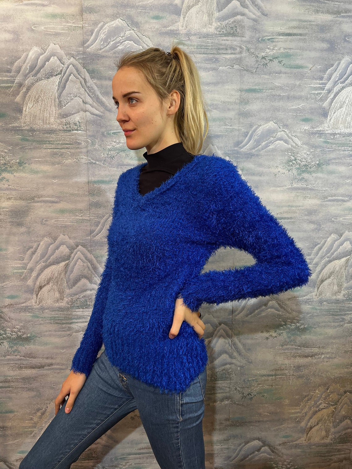 90s Blue Fuzzy Sweater Fringe Fuzzy Knitted Jumper Medium Size Hipster ...