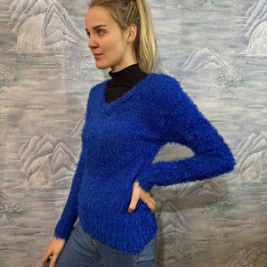 90s Blue Fuzzy Sweater Fringe Fuzzy Knitted Jumper Medium Size Hipster ...