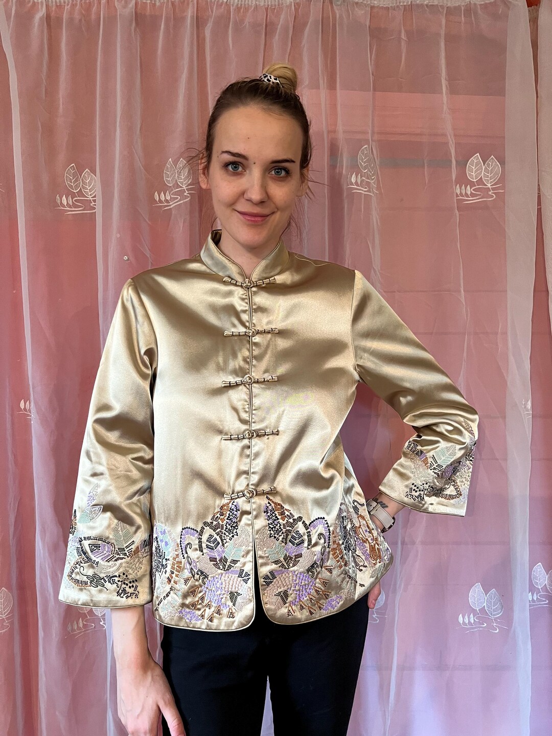 Beige Asian Blouse 90s Chinese Long Sleeve Jacket Cheongsam Shirt Frog ...