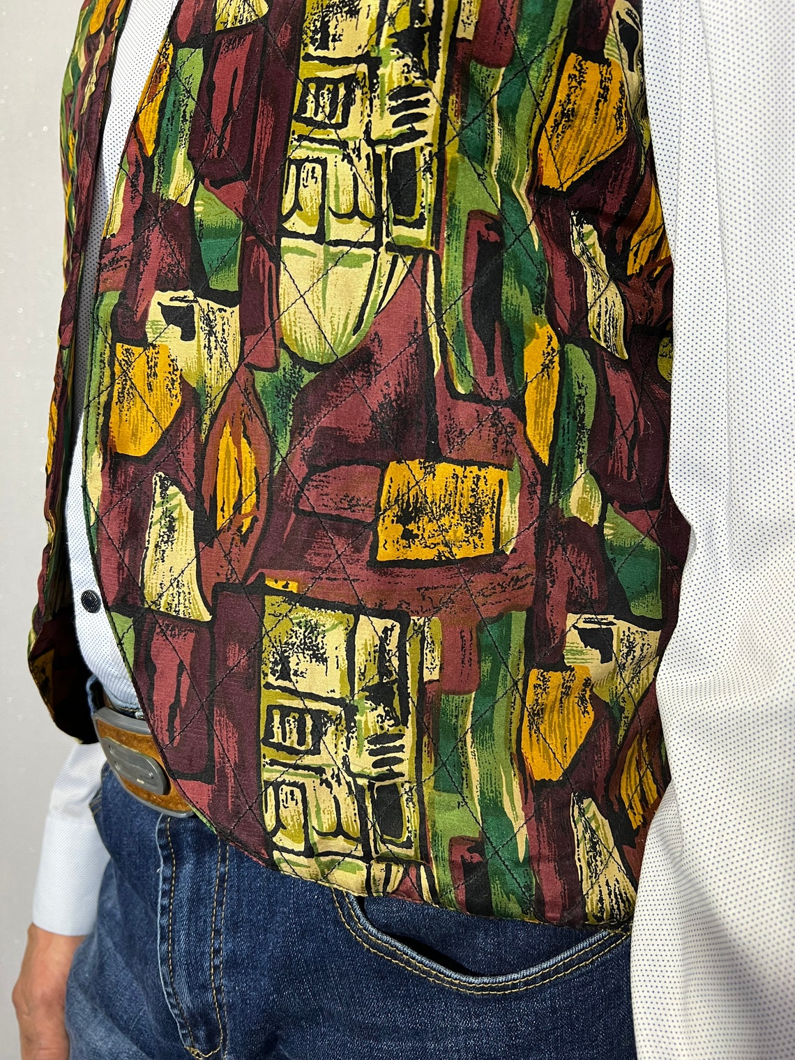 Vintage Abstract Print Silk Men Vest Quilted Mens Waistcoat Fitted ...