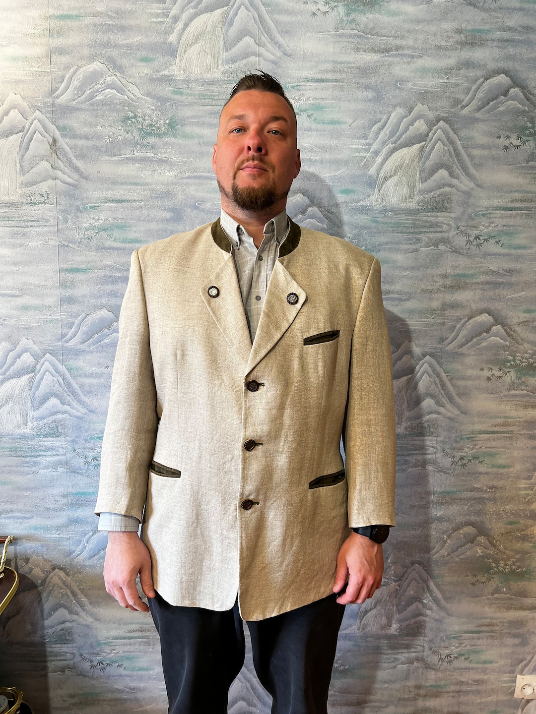 Vintage Mens Loden Jacket Beige Leinen Traditional Folk Austrian Blazer ...